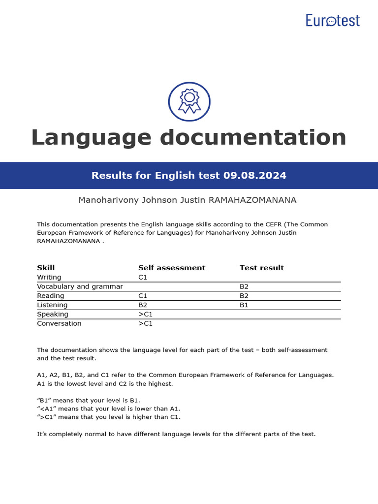 English Test Results for Manoharivony Johnson | PDF