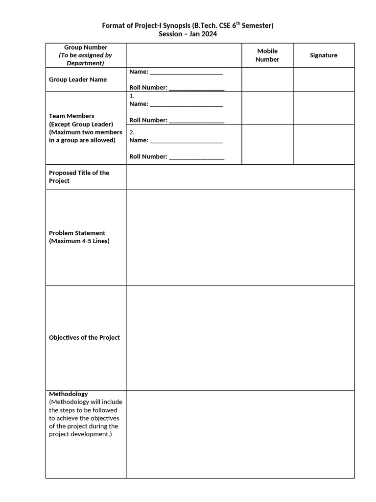 Format of Project-I Synopsis B.Tech. CSE 6th Sem | PDF