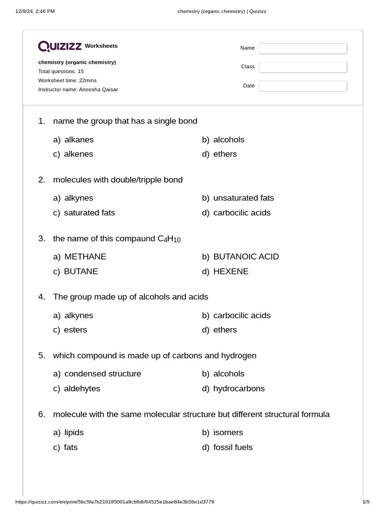 Organic Chemistry Quiz Worksheet | PDF | Hydrocarbons | Alkene