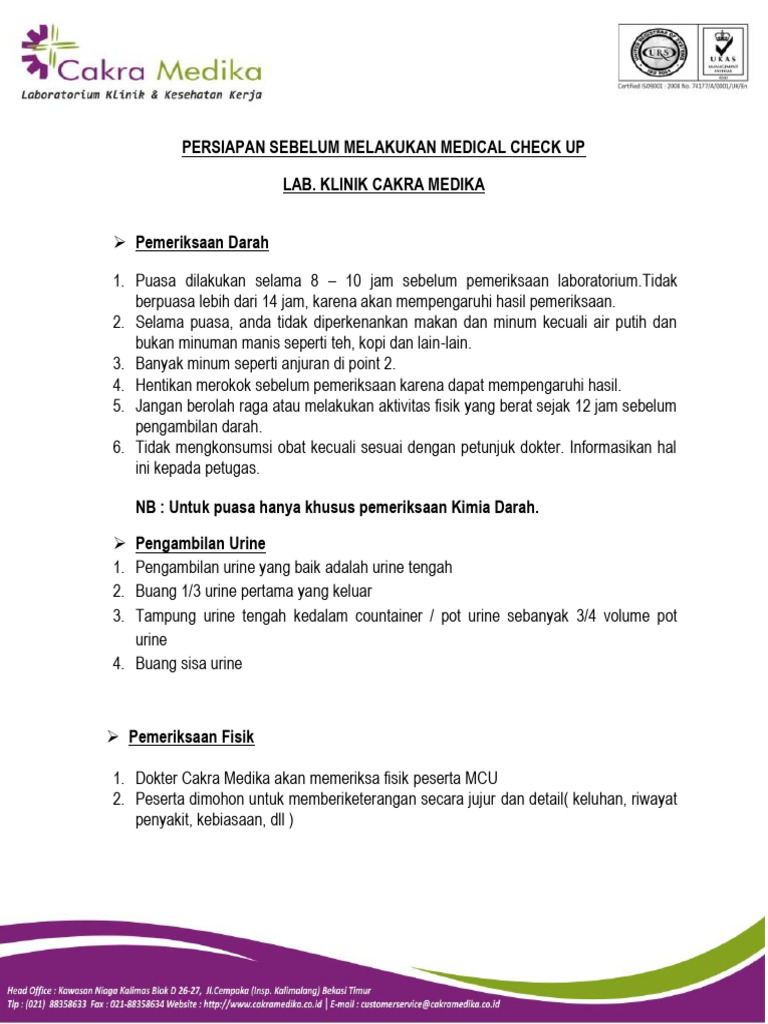 Persiapan Sebelum MCU Cakra Medika | PDF