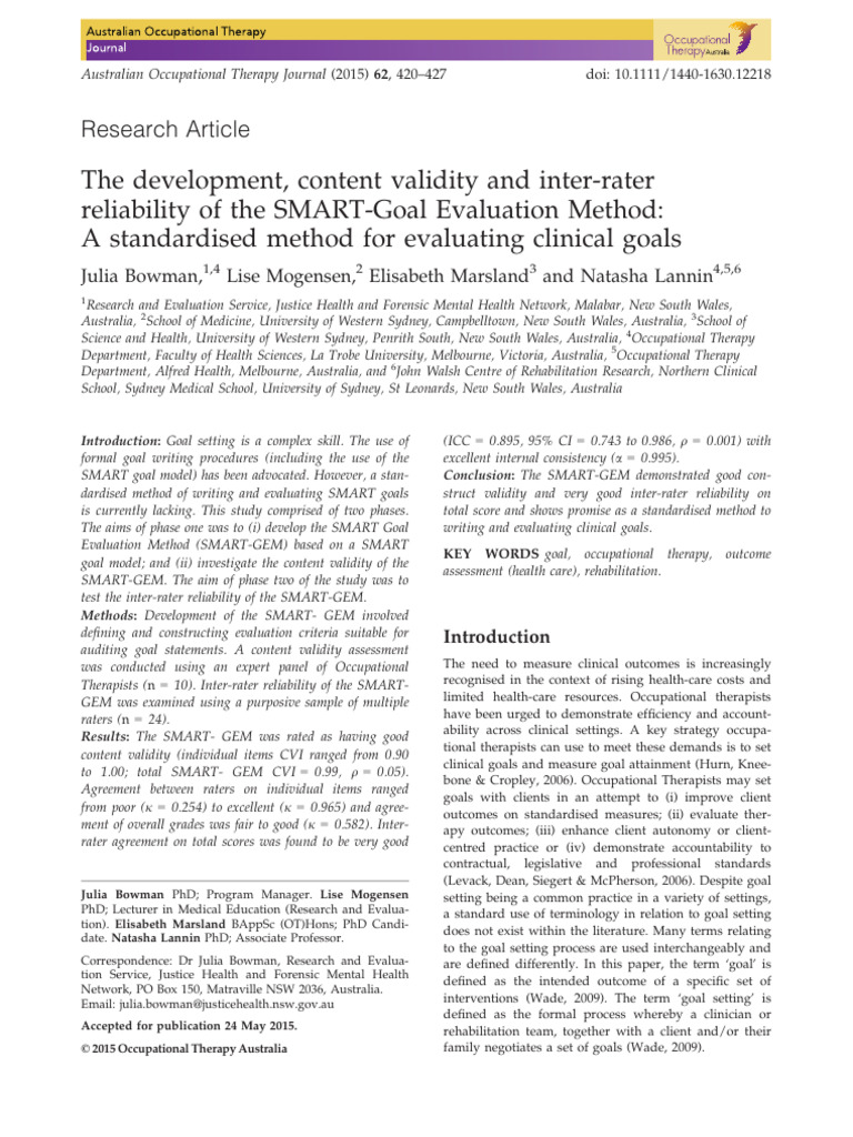 Aus Occup Therapy J - 2015 - Bowman - The Development Content Validity and Inter Rater ...