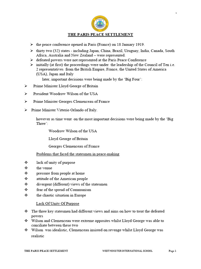 Paris Peace Settlement Overview | PDF | Treaty Of Versailles | World ...