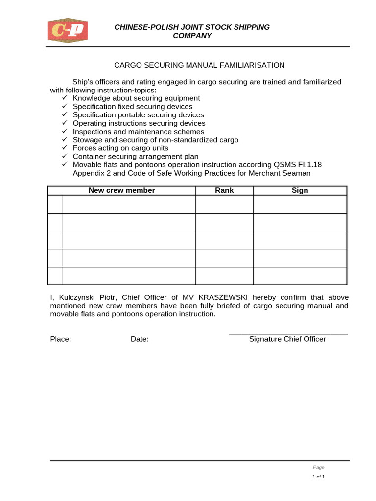 Familiarisation of Cargo Securing Manual | PDF
