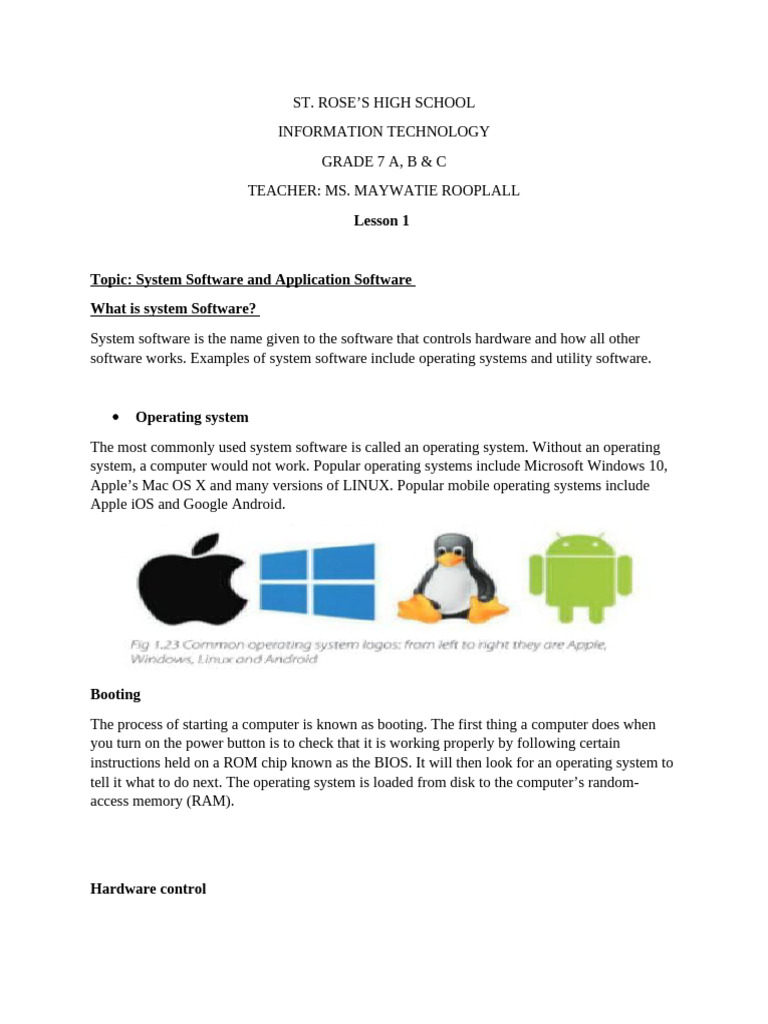 Lesson 1 - I.T ( System Software and Application Software ) | PDF | Operating System | Computer ...