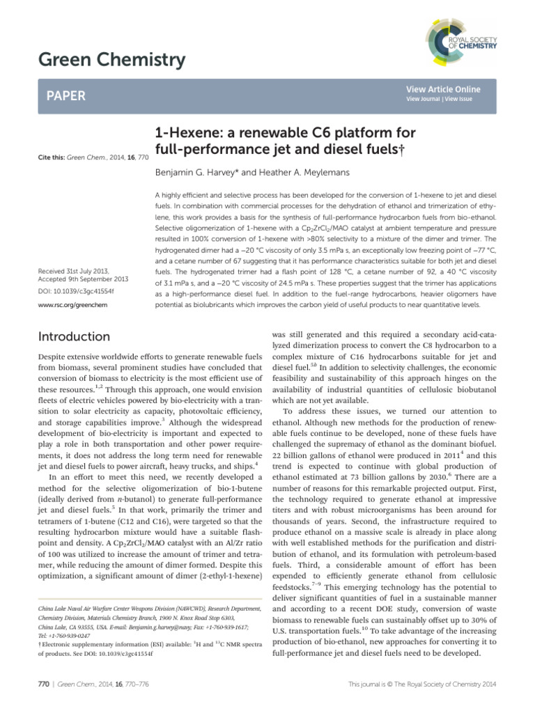 1-Hexene A Renewable C6 Platform For Full Performance Jet and Diesel ...