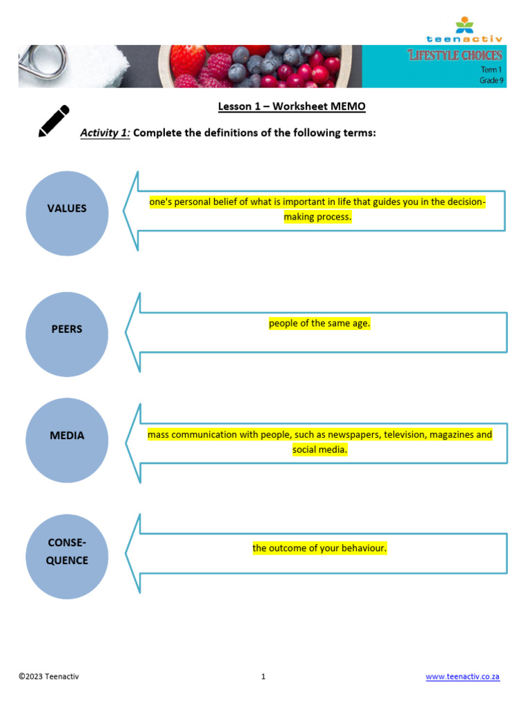 5 Lesson 1 - Worksheet MEMO | PDF | Cognition | Psychology