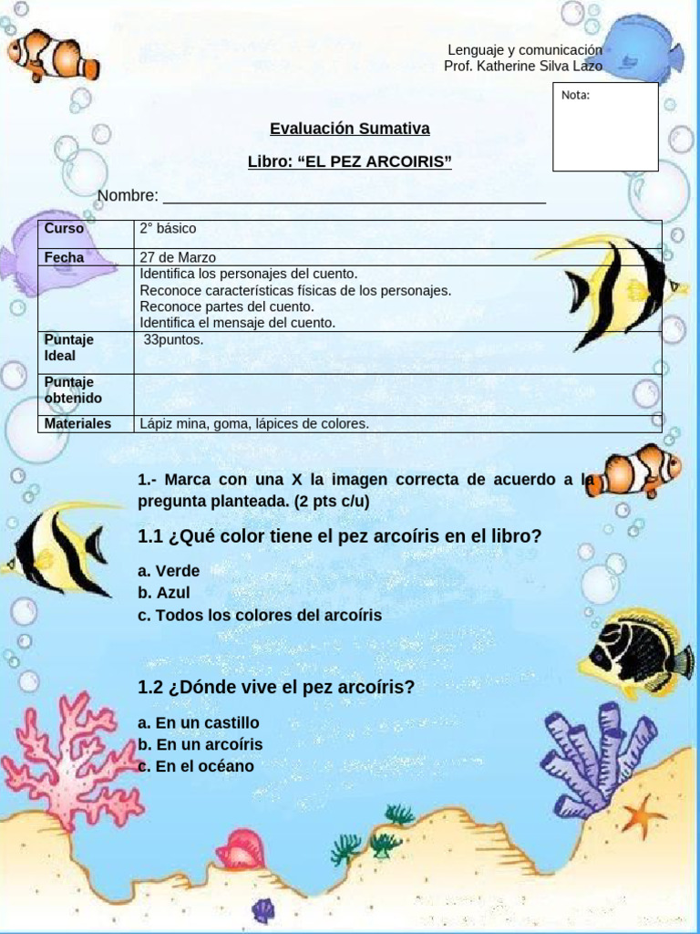Actividades de Comprensión: El Pez Arcoíris | PDF
