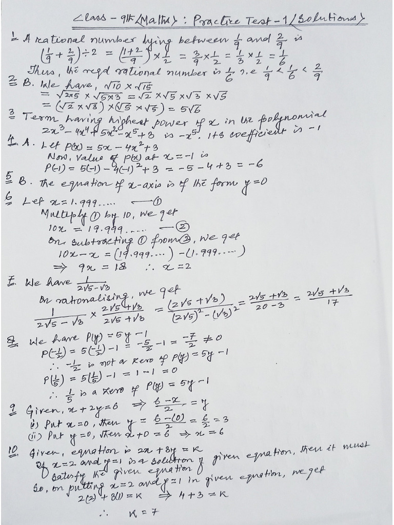 Class IX Maths Practice Test -1 (Solutions) (2) | PDF