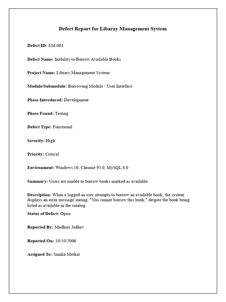 Defect Report For Libaray Management System | PDF | User (Computing) | Login