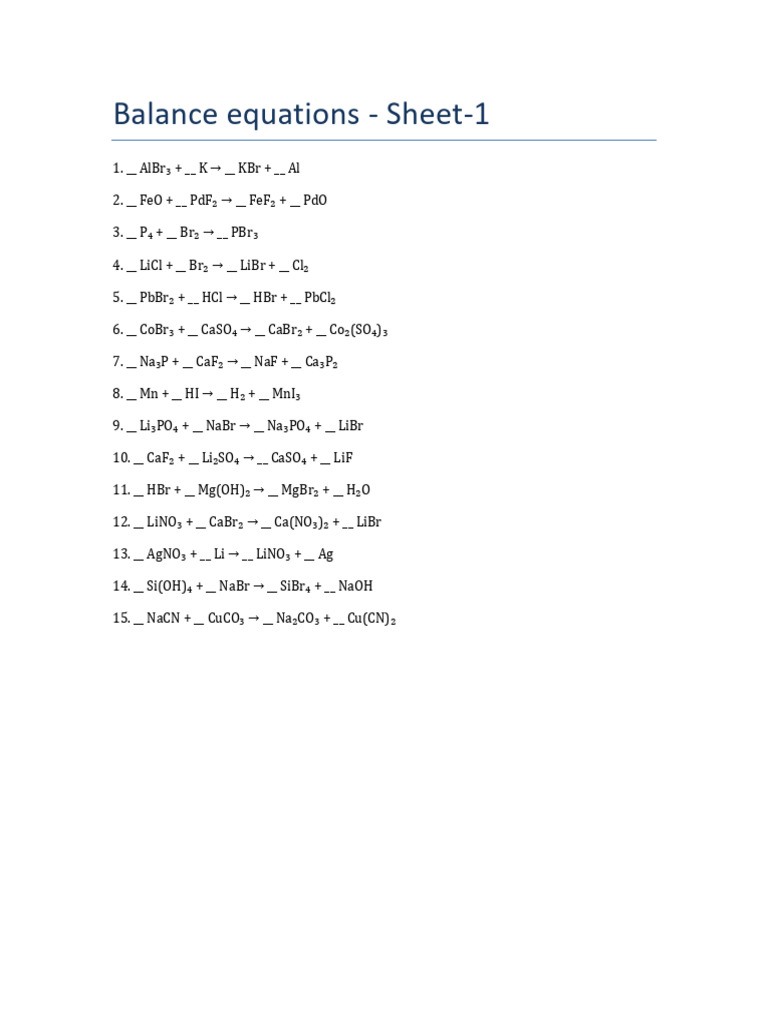 Chemistry Equation Balancing | PDF