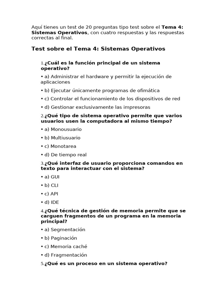 Test Tema 4 | PDF | Sistema operativo | Proceso (Computación)