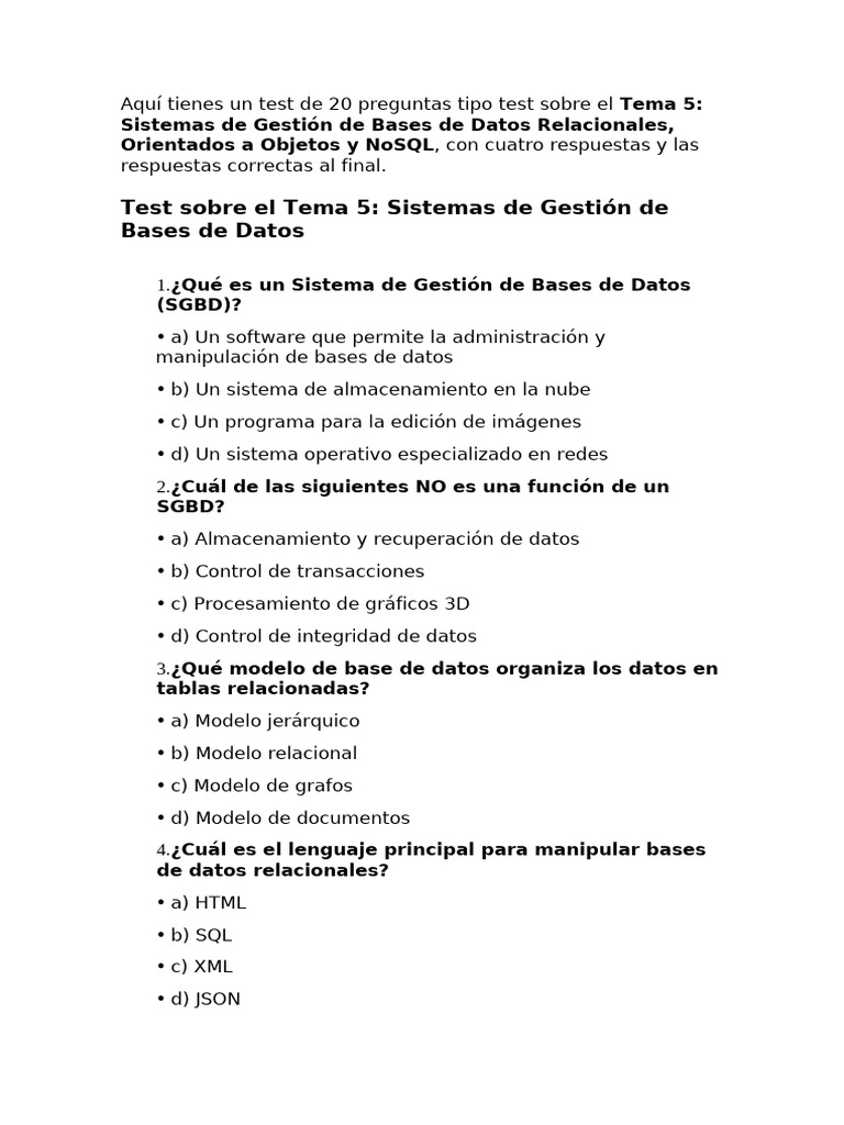 Tipos de Bases de Datos: Test de 20 Preguntas | PDF | Bases de datos ...