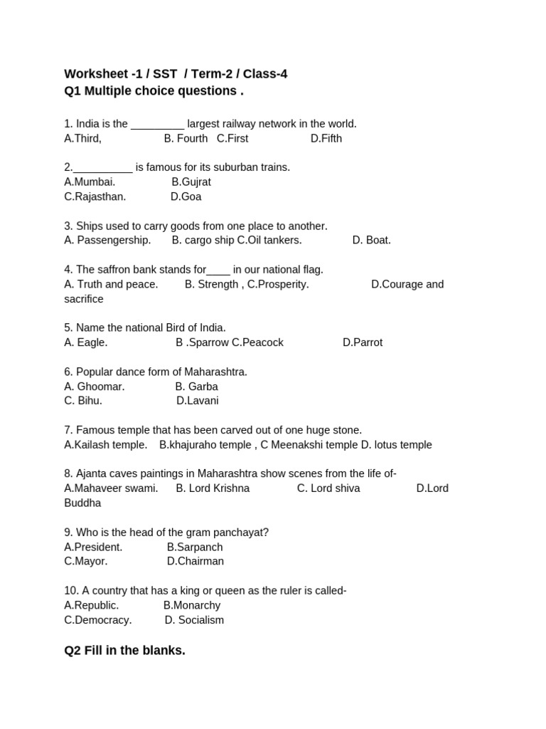 Worksheet -1 - SST - Term-2 - Class-4 | PDF