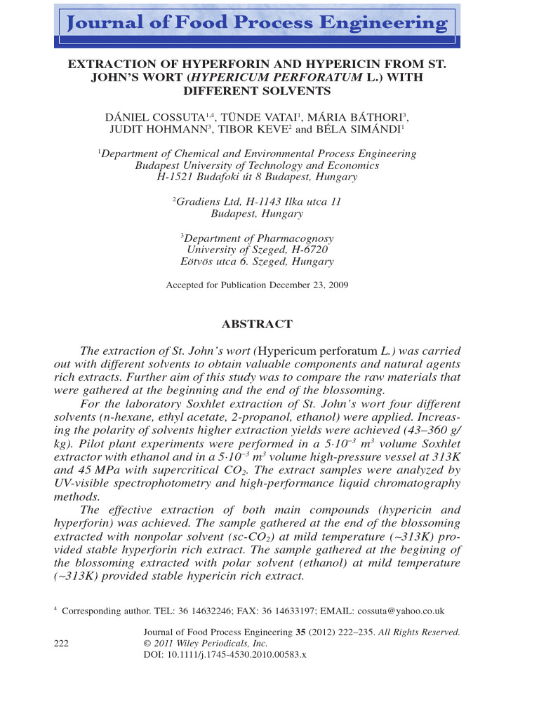 J Food Process Engineering - 2011 - COSSUTA - EXTRACTION OF HYPERFORIN ...