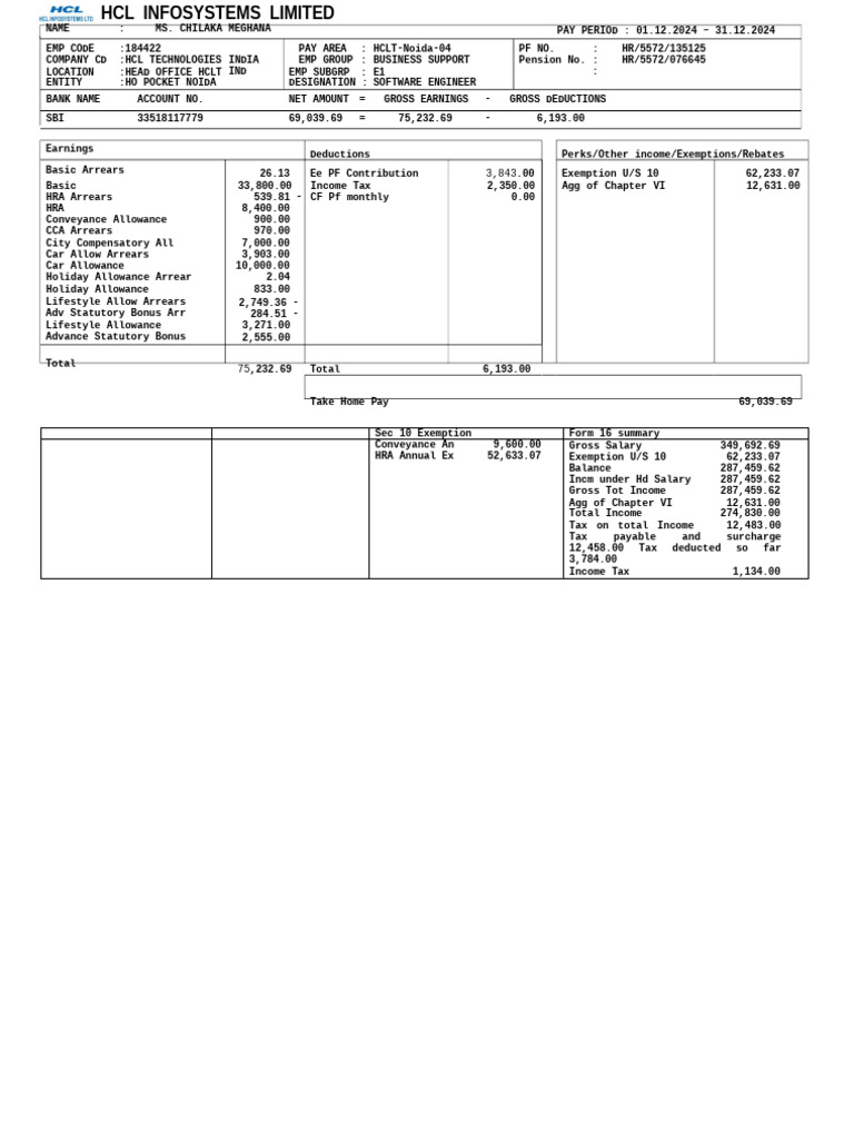 Salary Slip Format For HCL | PDF | Economies | Taxes