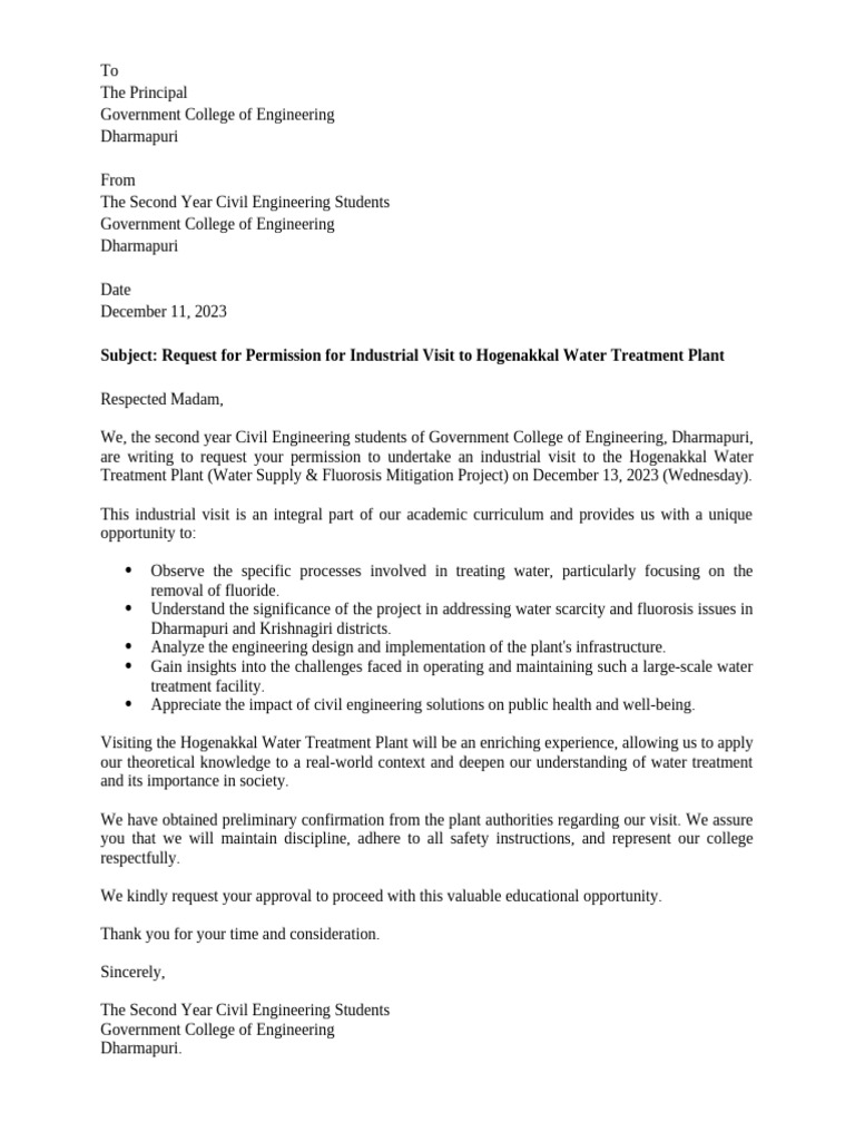 Permission Request for Industrial Visit | PDF