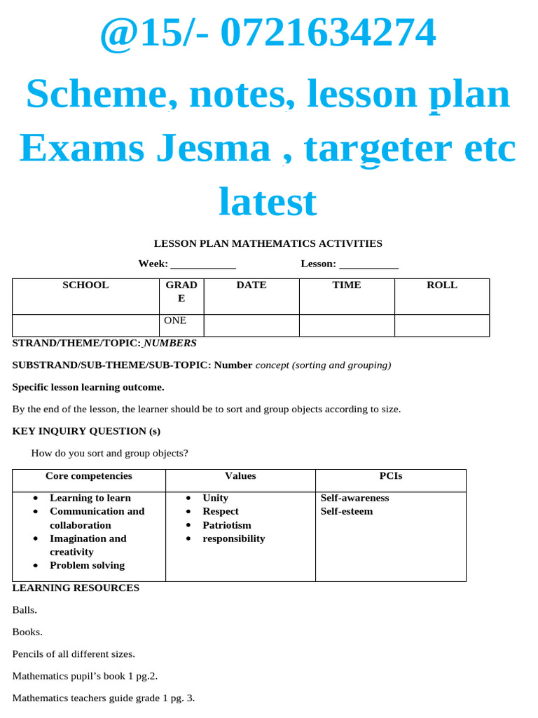 100 Grade 1 Mathematics Activities Term 1 Lesson Plans Word Format (2) | PDF | Learning | Lesson ...