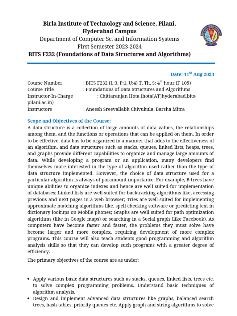Bits F232 Foundations of Data Structures and Algorithms - Handout | PDF | Applied Mathematics ...