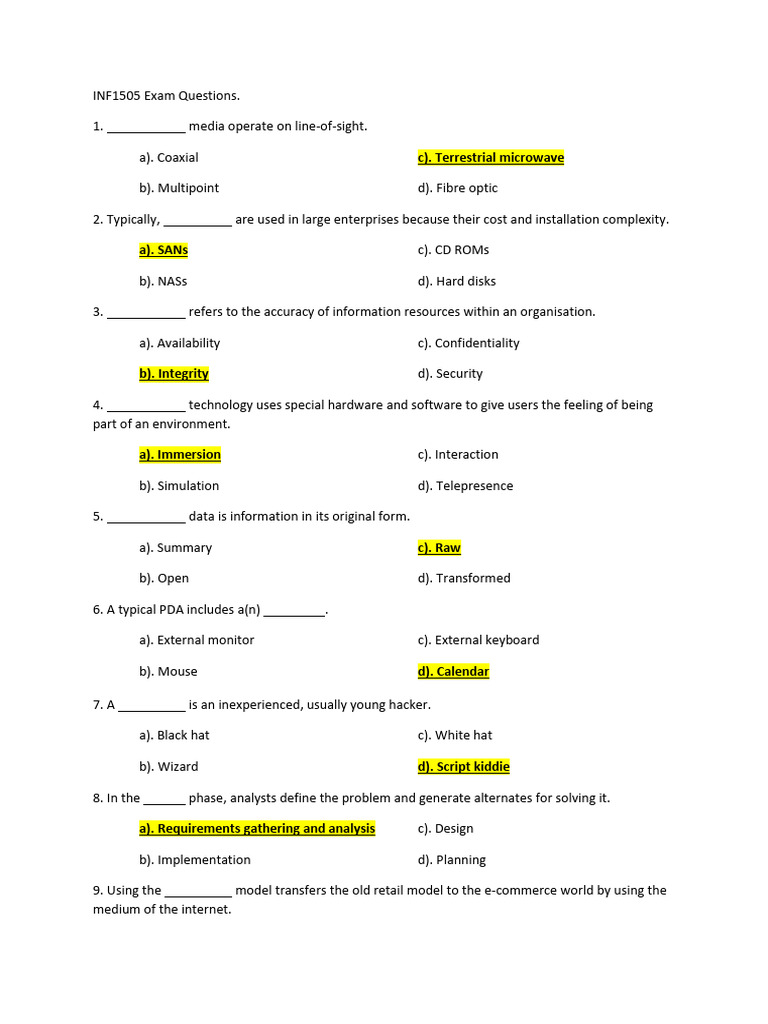 INF1505 Exam Questions | PDF | Databases | Computer Network