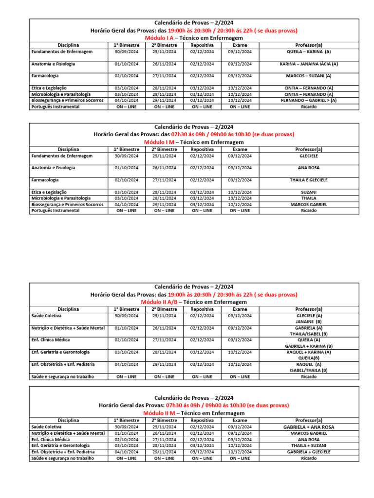Calendário de Provas 2/2024 Enfermagem | PDF | Sistema de saúde | Remédio