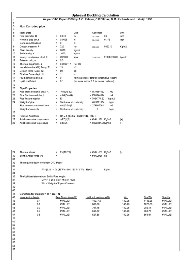 Upheaval-Buckling-Calculation - Xls - Google Sheets | PDF | Pipe (Fluid Conveyance) | Density