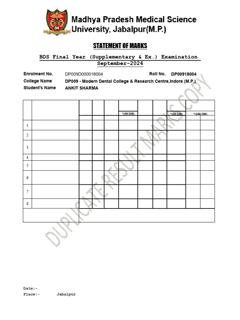 MPMSU BDS MarksheetStudent | PDF | Dentistry | Oral And Maxillofacial Surgery