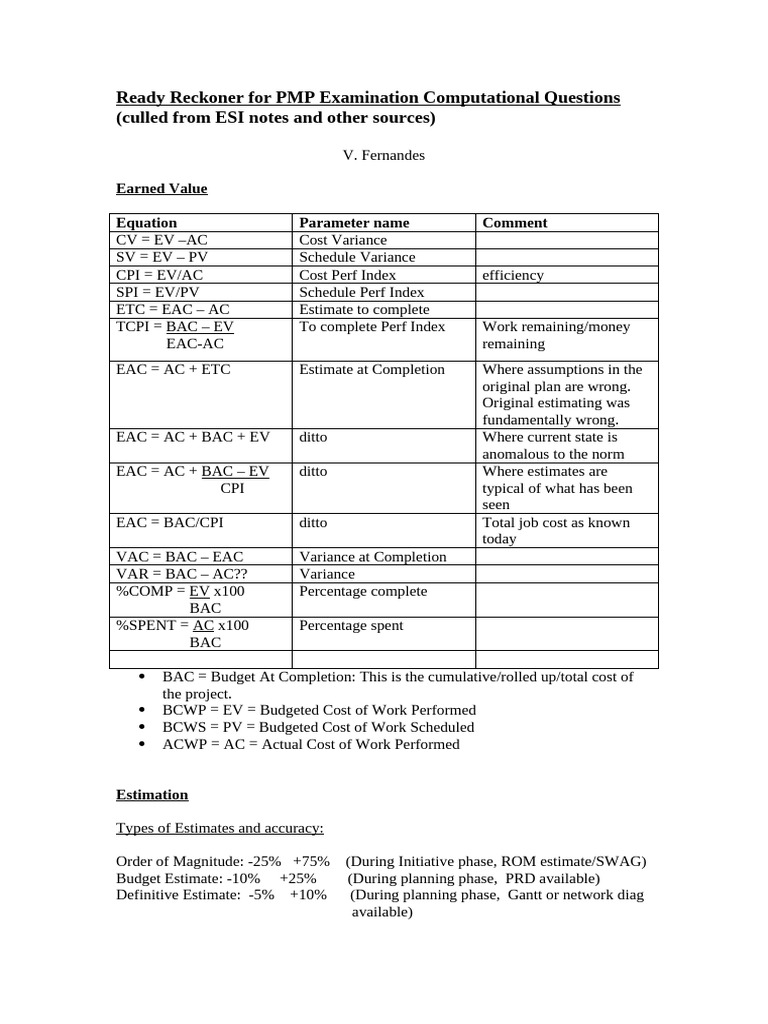Pmp Exam Formula Ref Sheet 2 Pdf Internal Rate Of Return Net