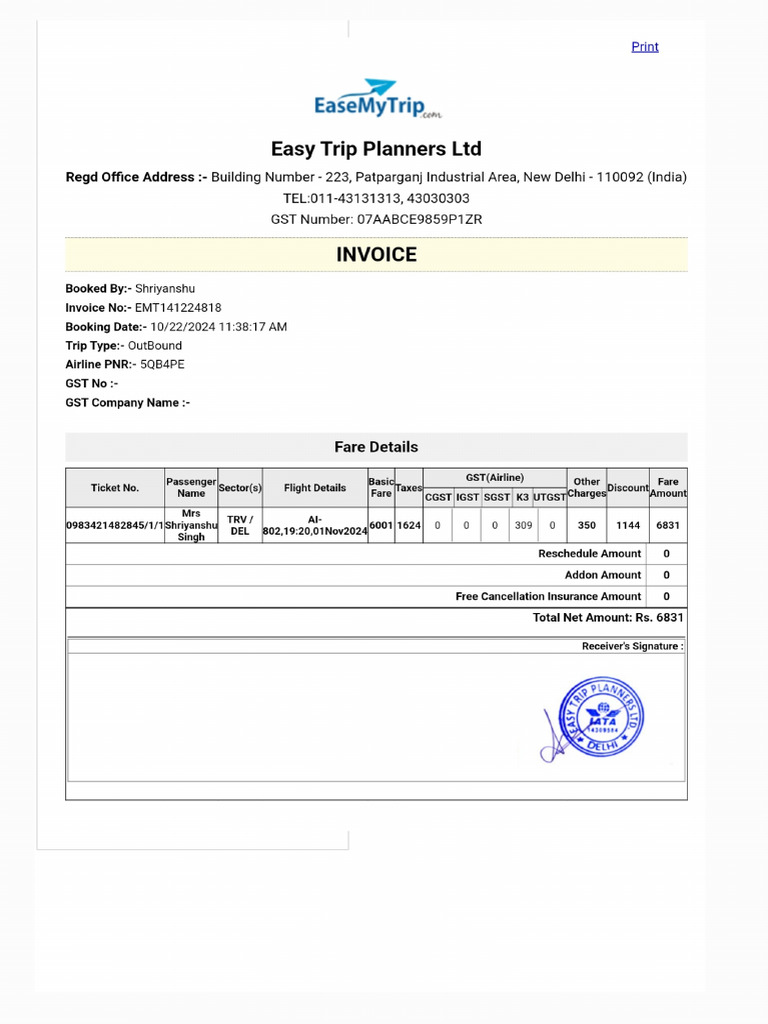 Ticket Invoice 1 TRV To DEL | PDF