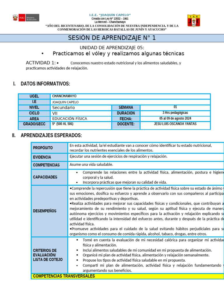 SESION 1 UNIDAD 5 - QUINTO | PDF | Evaluación | Aprendizaje
