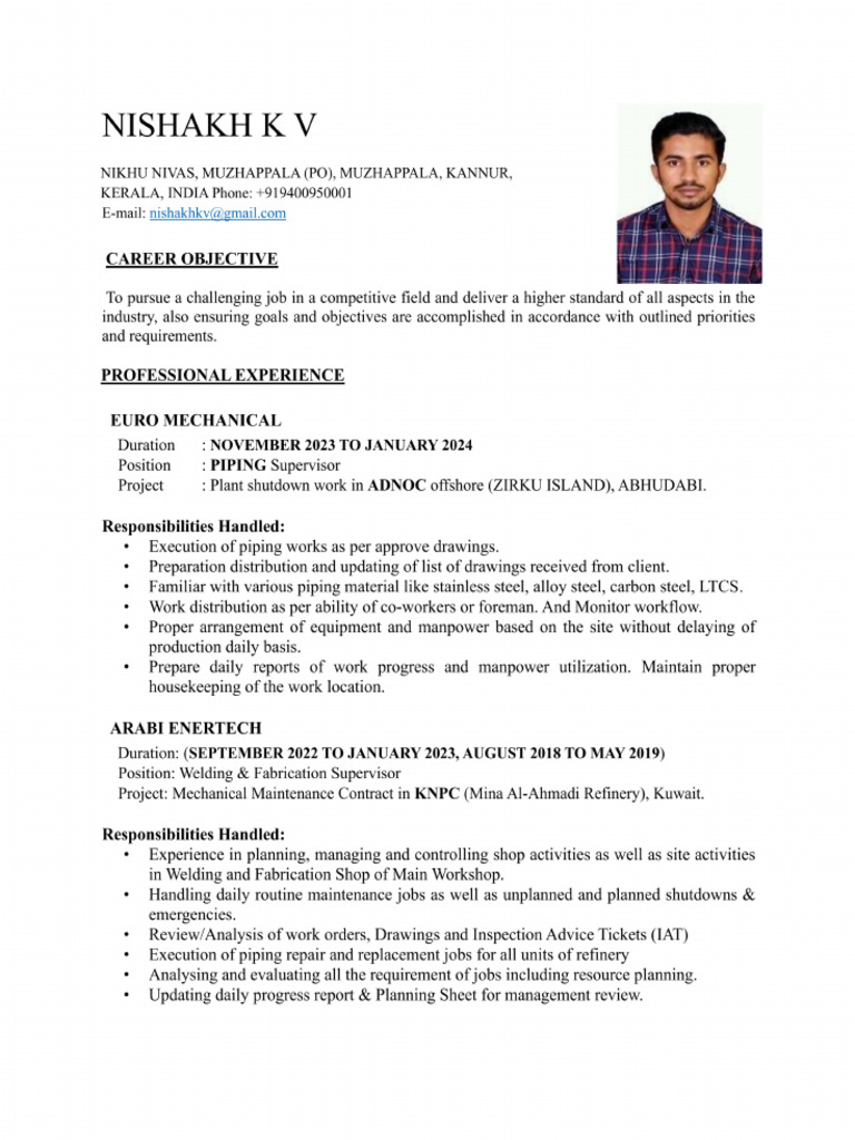 CV - Job Performer - Mechanical Engineer - Nishakh KV - Total 12 Yrs ...