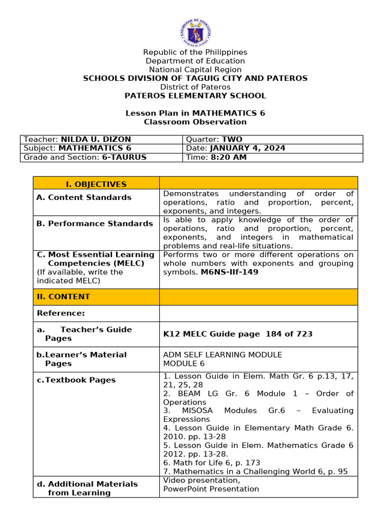 MATH 6 COT QUARTER 2 WEEK 6 Final | PDF | Multiplication | Exponentiation