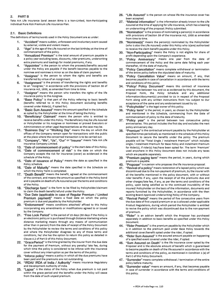 Saral-Jeevan-Bima-110N157V02-TandC | PDF | Insurance | Life Insurance