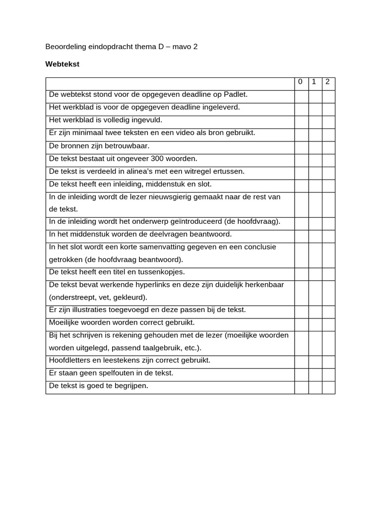 Beoordeling Eindopdracht Thema D Mavo 2 | PDF