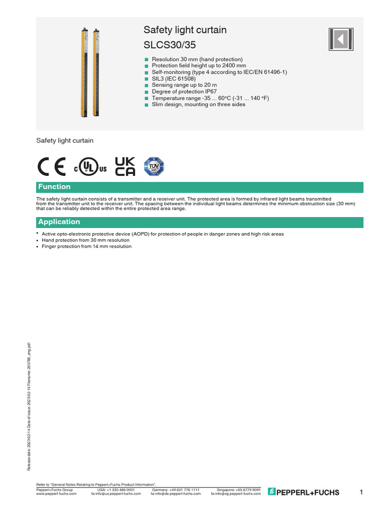 Safety Light Curtain SLCS30/35: Function | PDF