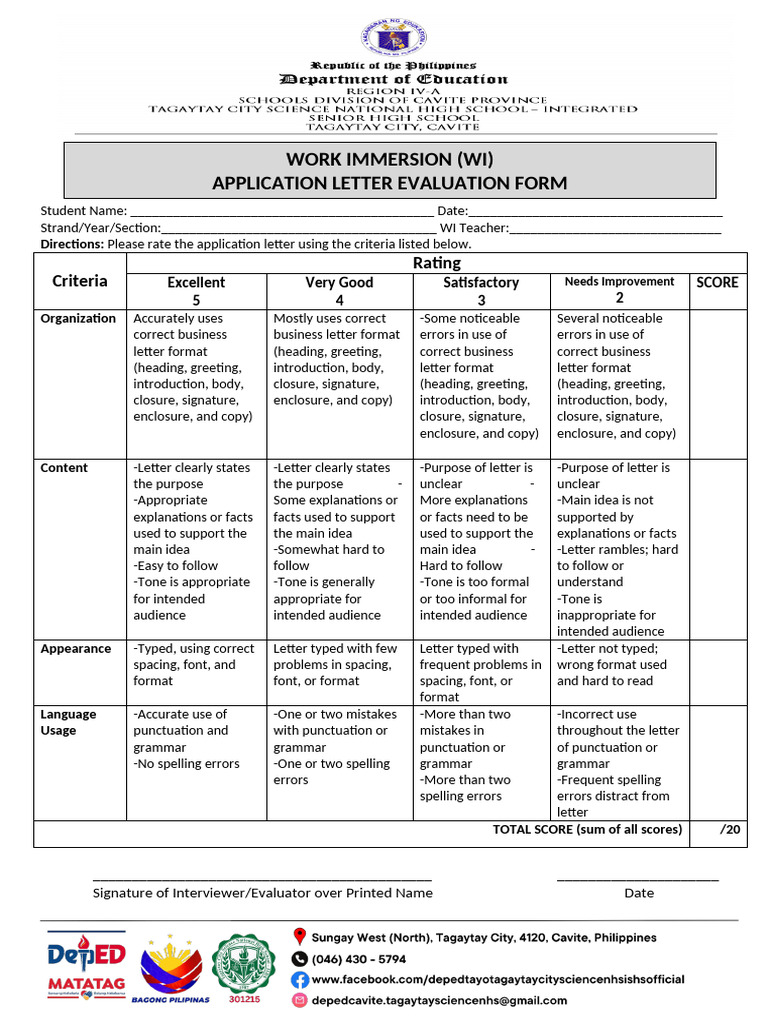 Application Letter Evaluation Form | PDF | Signature | Writing