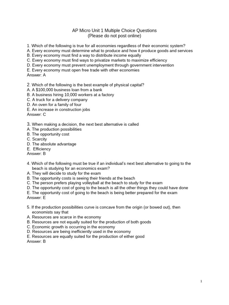 Micro Unit 1 Multiple-Choice Questions | PDF | Economics | Utility