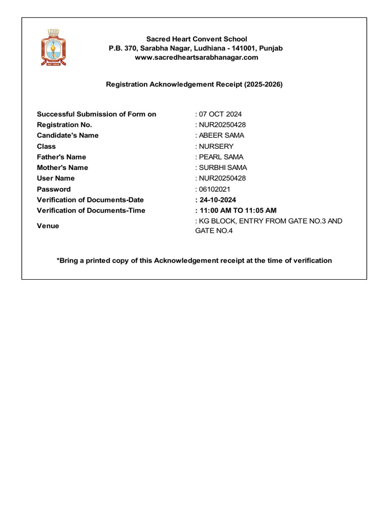 Nursery Registration Acknowledgement 2025-26 | PDF