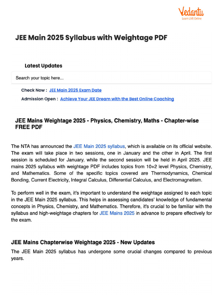 JEE Main 2025 Syllabus With Weightage PDF | PDF