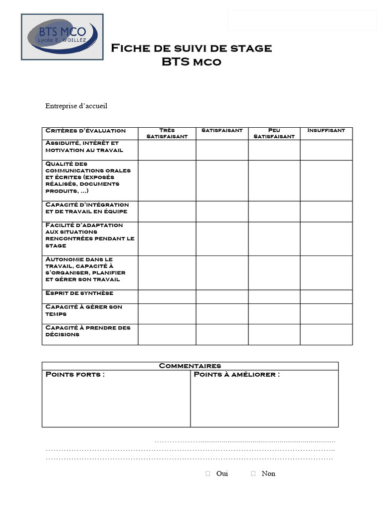 Fiche de suivi et évaluation de stage BTS | PDF