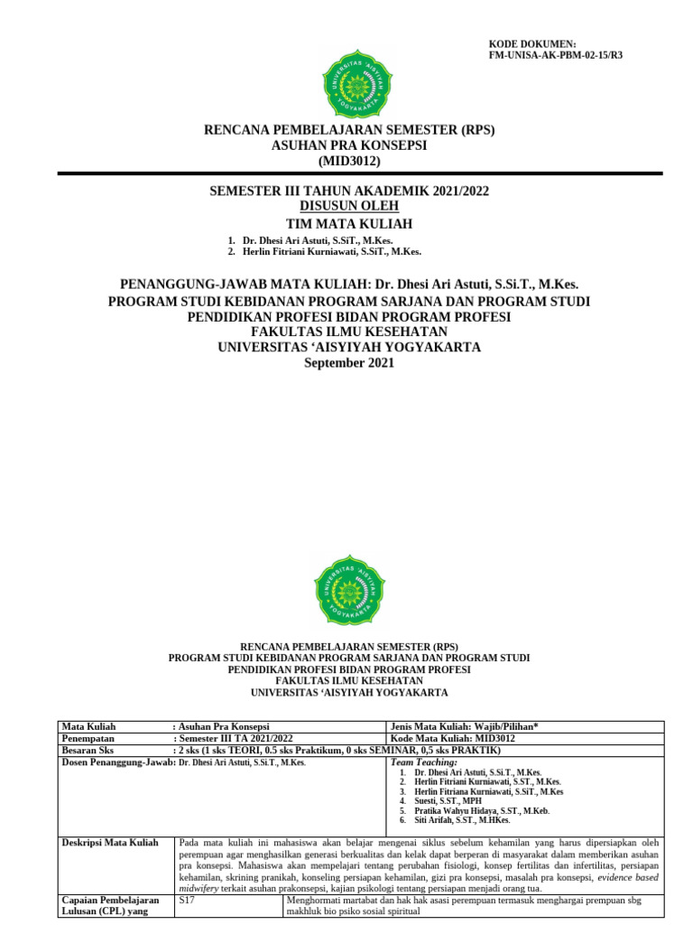 Sarjana Profesi Asuhan Pra Konsepsi_RPS 2021 | PDF