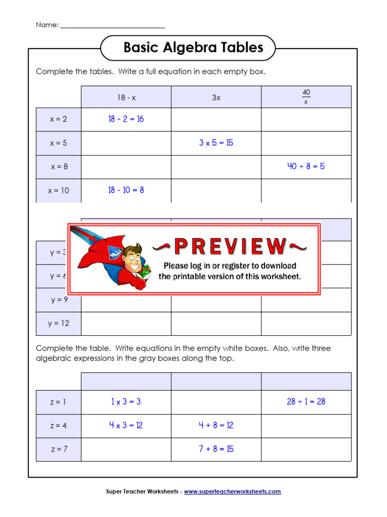 Basic Algebra Tables Worksheet | PDF | Mathematics | Algebra