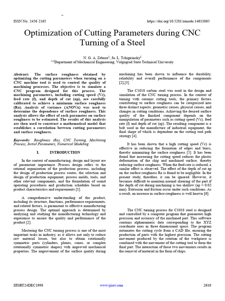 Optimization Of Cutting Parameters During Cnc Turning Of A Steel Pdf