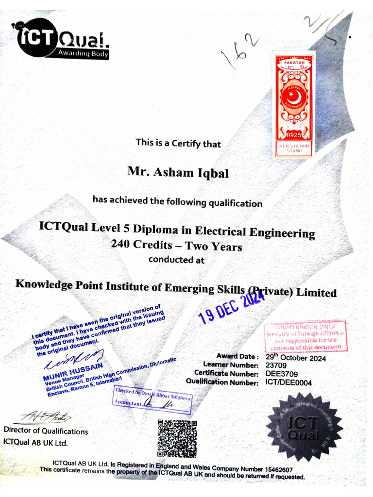 Asham Iqbal ICTQual L5 Diploma in Electrical Engineering (Photocopy ...