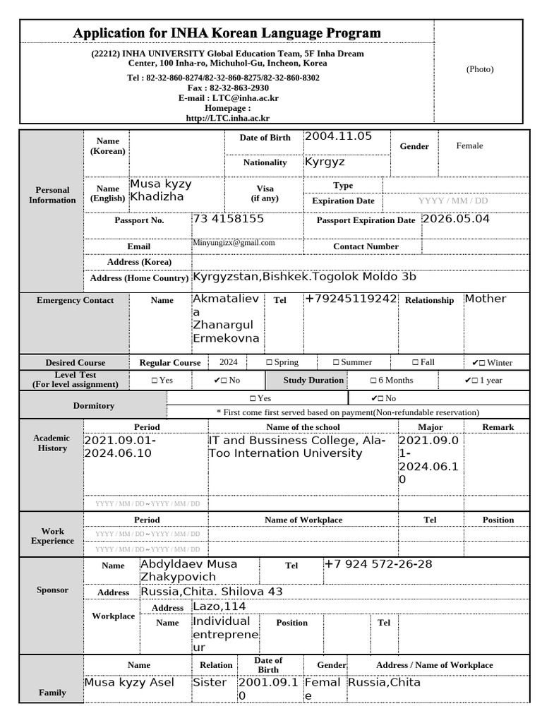 2024 Application Form of INHA Korean Language Program | PDF ...