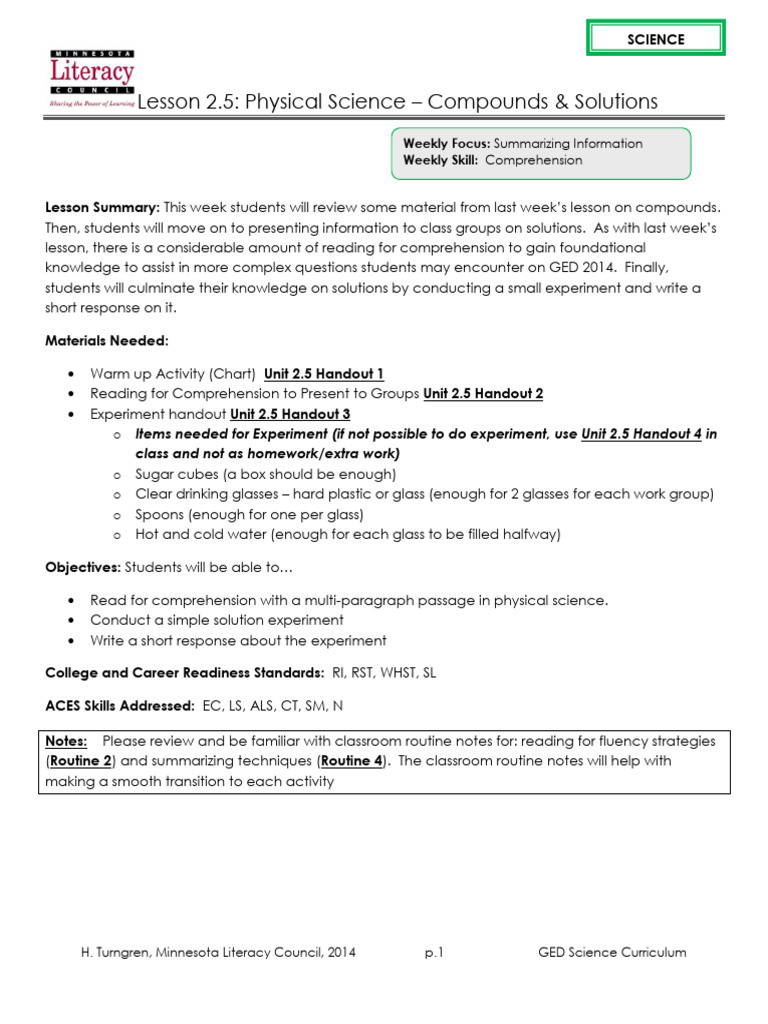 Unit2.5 Compoundsand Solutions | PDF | Reading Comprehension | Water