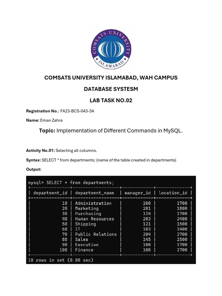 Implementation of Commands in MySQL | PDF