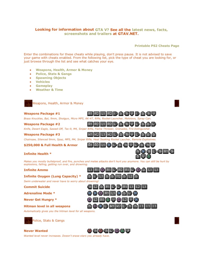 Gta San Andreas Cheats | PDF | Traffic | Weaponry