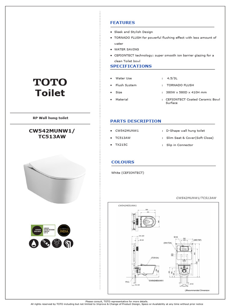 TOTO CW542 Wall-Hung Toilet Manual | PDF | Toilet | Materials