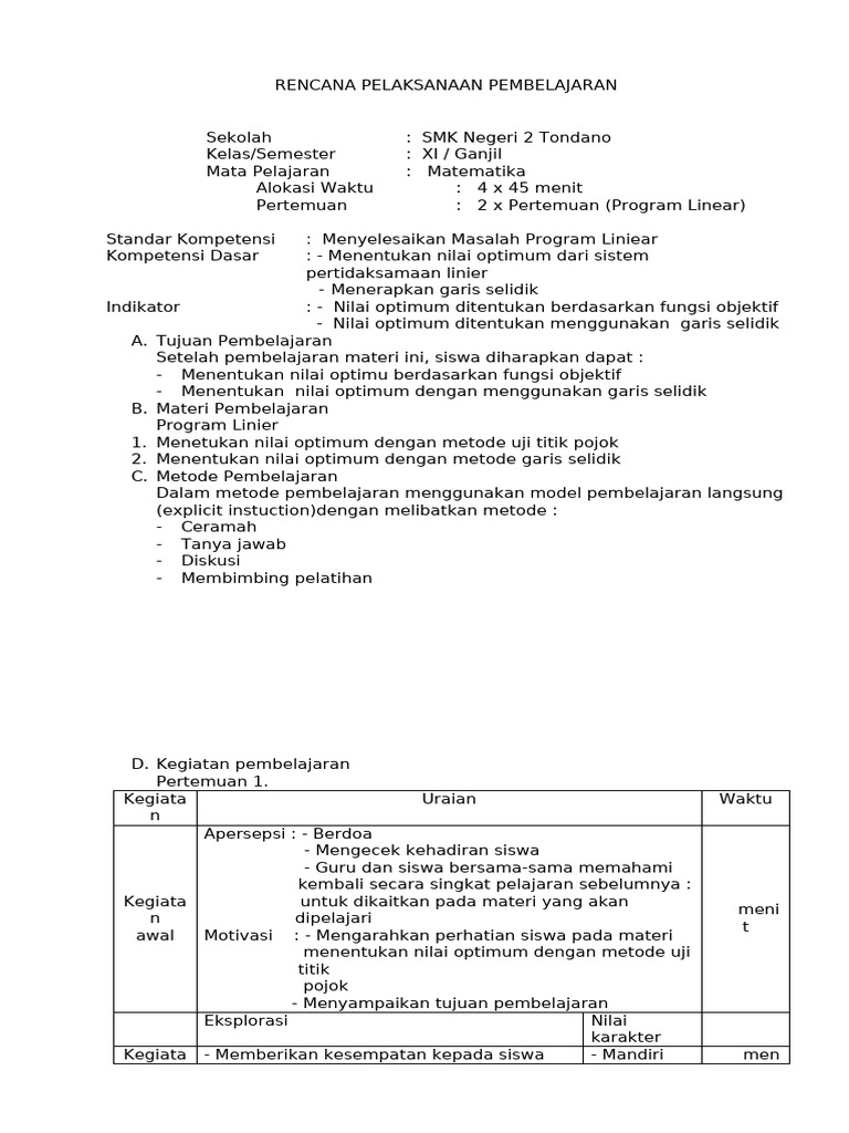 Rencana Pelaksanaan Pembelajaran Program Linier 2 | PDF