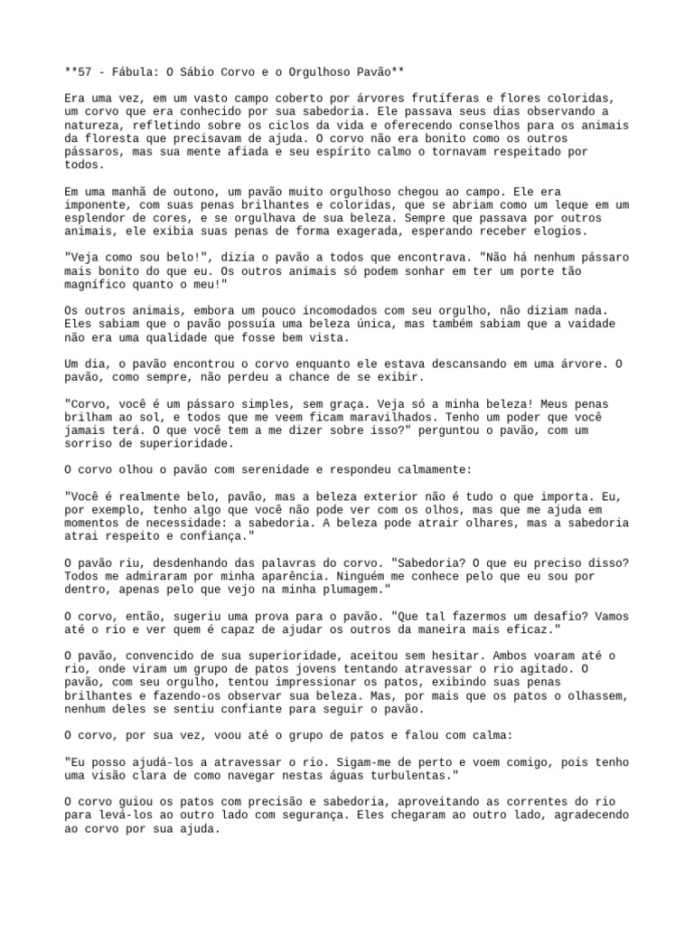 57 - Fábula O Sábio Corvo e o Orgulhoso Pavão | PDF | Pavão | Beleza